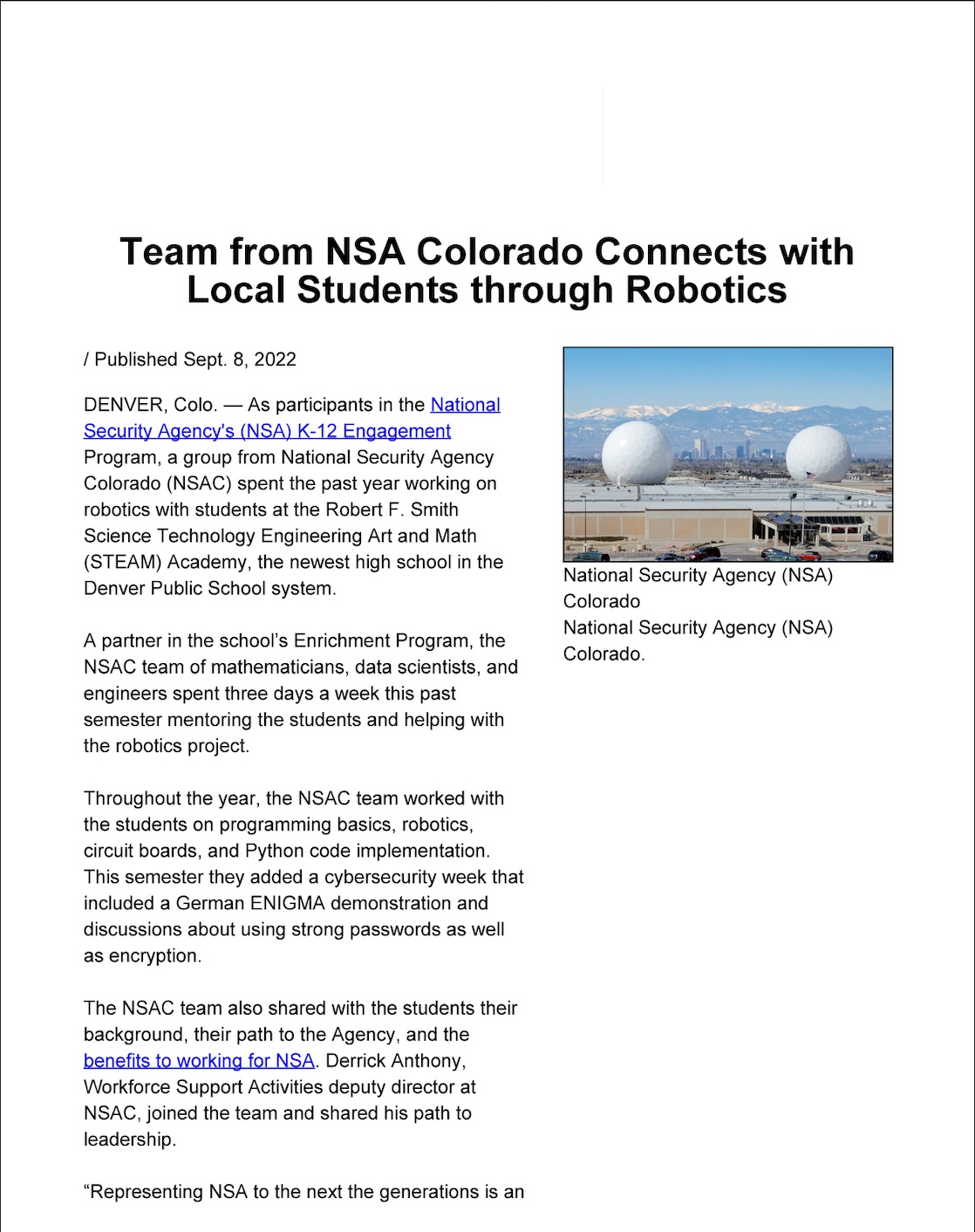 Robert F Smith » Team from NSA Colorado Connects with Local Students ...